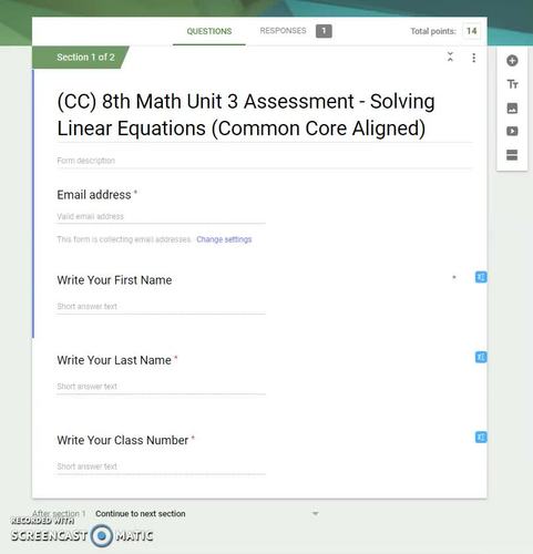 8th Math Unit 3 Google Quiz (Common Core Edition)- Solving Linear Equations