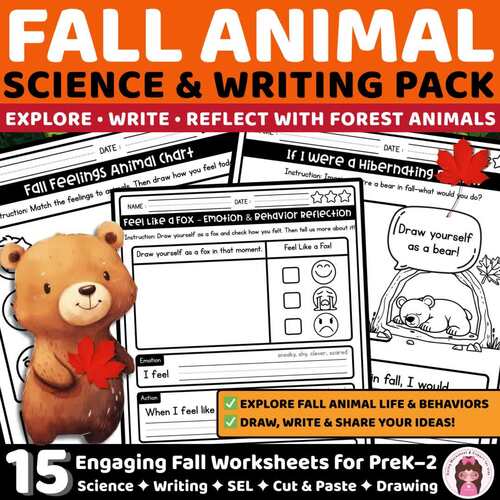 PreK-2 Fall Animal Science Writing and SEL Worksheets by KoiikyStudio88