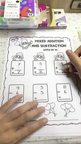 Valentine’s day themed mixed addition and subtraction within 10 worksheets