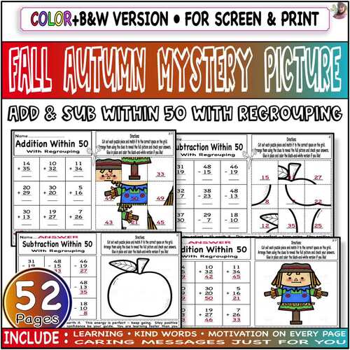 Addition & Subtraction Within 50 with Regrouping | Fall Autumn Mystery ...