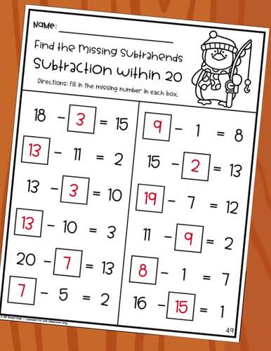 Penguin Missing Subtrahends Within 20 Worksheets | Subtraction Missing ...