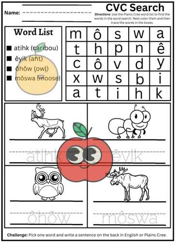 Plains Cree CVC Word Search and Tracing by Two-Spirit Teaching Resources
