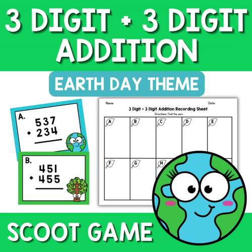 Earth Day 3 Digit Addition Scoot Game Task Cards 2nd Grade Math Center ...