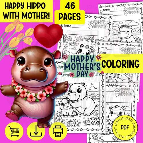 Mother Day Coloring Sheets | Pygmy Hippopotamus Coloring Pages | Hippo ...