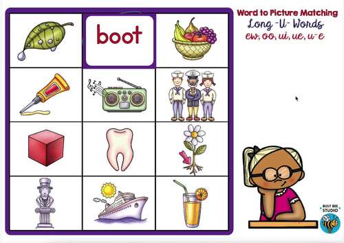LONG U VOWEL TEAMS UE UI EW OO U-E WORD TO PICTURE MATCH BOOM CARDS 1ST ...