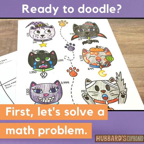 Halloween Math - Up to 3-digit Multiplication - Color / Cat Doodle Activity