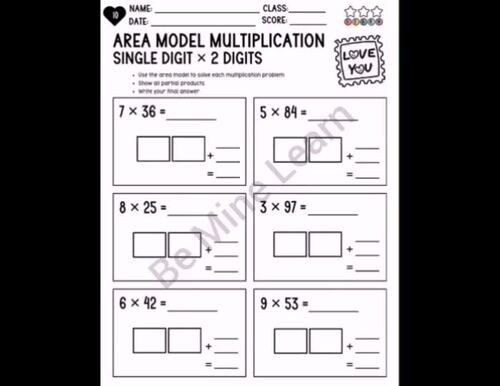 Area Model Multiplication Worksheets 2 digit by 1 digit | 2 x 2 digits ...
