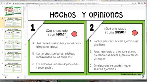 Fact and Opinion in Spanish - Hecho y opinión - Google Classroom - Print