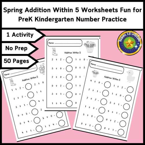 Spring Addition Within 5 Worksheets Fun for PreK Kindergarten Number ...