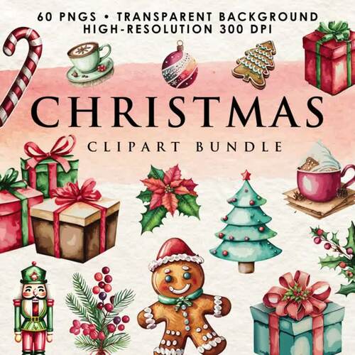 Watercolor Christmas Clipart, 60 PNG Clipart Bundle, Santa, Elf, Trees ...