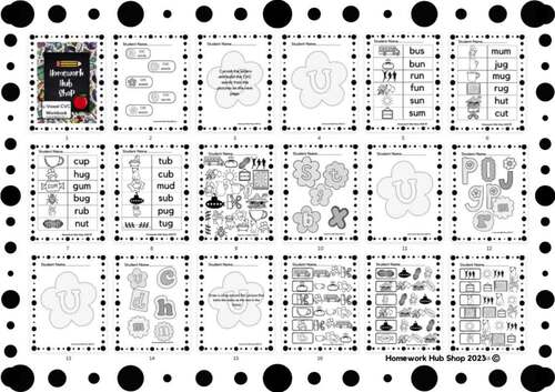 Short u Vowel CVC Word Workbook or Activity Book (Black and White Version)