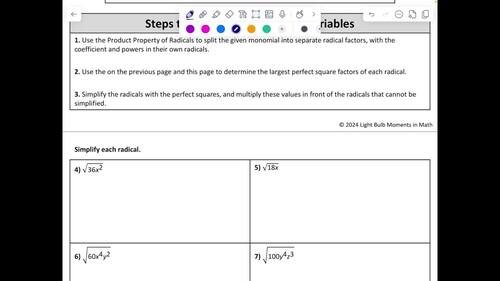 Simplifying Radicals with Variables Guided Notes, Worksheet, and Video ...