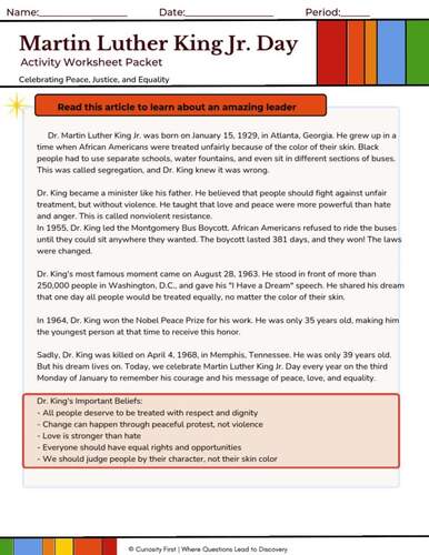 Martin Luther King Jr. Day Activities | Reading & Writing Packet ...