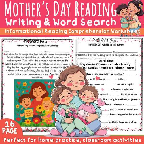 Mother’s Day Reading Comprehension Worksheet Set for Kids with Word Search