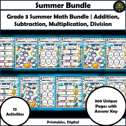 Grade 3 Summer Math Bundle Addition Subtraction Multiplication Division