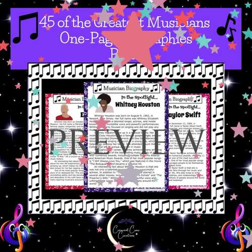 45 Great Musicians One-Page Biographies Part 1 by Crescent Crow Creations