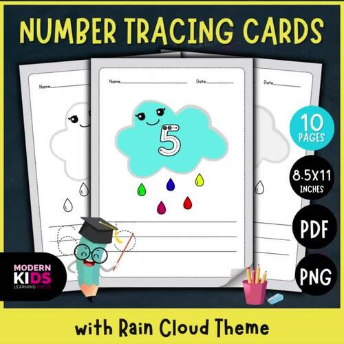 Number Tracing Cards with Rain Cloud Theme by ModernKids LearningPress