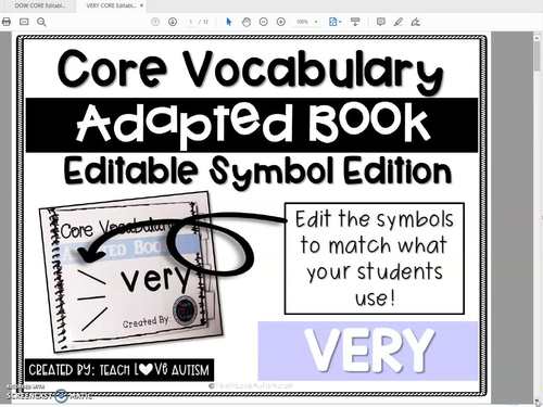 Core Vocabulary Editable Symbol Adapted Book VERY by Teach Love Autism