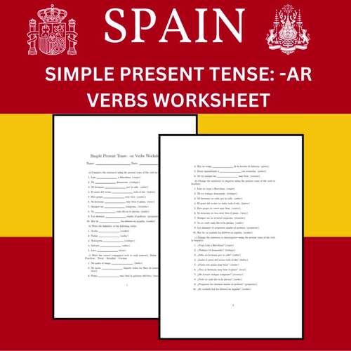 Spanish Simple Present Tense: -AR Verbs Quiz Test Worksheet No Prep Grammar