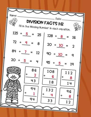 Veteran’s Day Division Facts 1–12 Find the Missing Number Worksheets ...