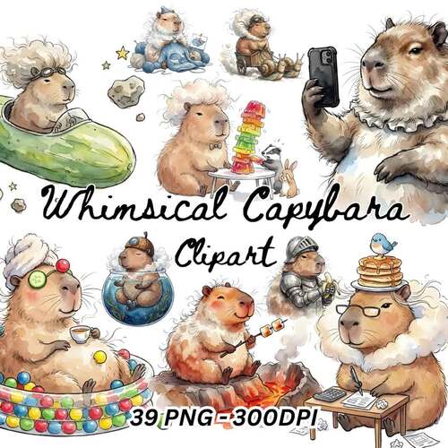 Watercolor Capybara Clipart - Whimsical Animal PNGs for Classroom Decor ...