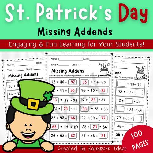 Missing Addends – St. Patrick’s Day Math Worksheets for 1st and 2nd-grade