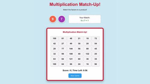 Multiplication Match-Up: Interactive Fact Fluency Game (Digital, Zero ...