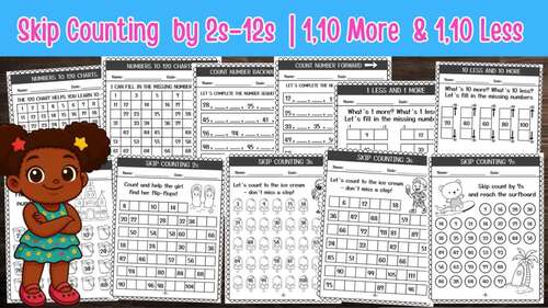 Summer Skip Counting Fun (Skip by 2s–12s) | 1 More 1 Less |10 More 10 Less