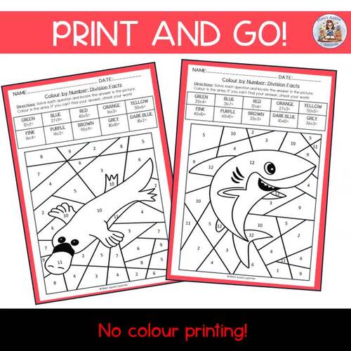 Color By Number Division Facts Worksheets for 5th Grade | Basic Operations