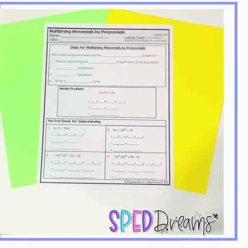 Multiplying Monomials Polynomials Guided Notes Practice Exit Ticket Sped