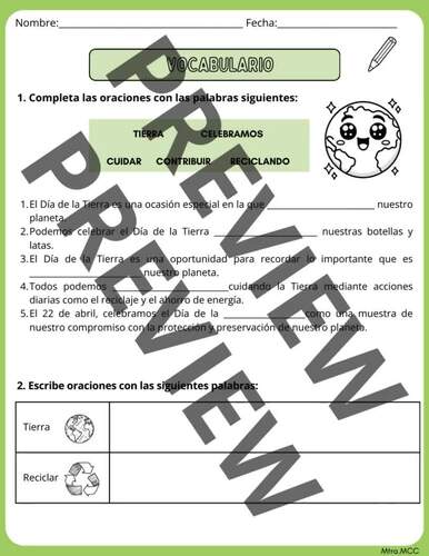 Lectura, vocabulario y escritura Día de la Tierra en español- Earth Day ...