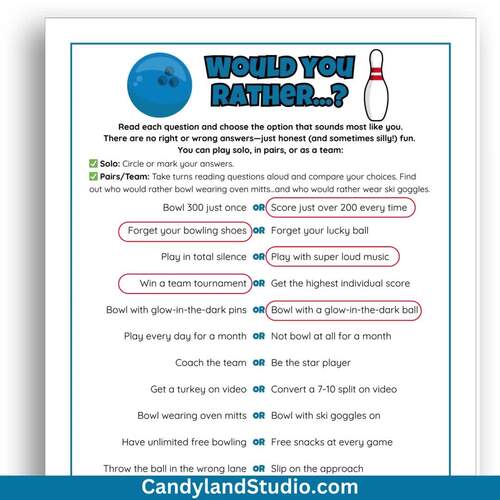 Bowling Would You Rather Team Building Ice Breaker Game by Candyland Studio