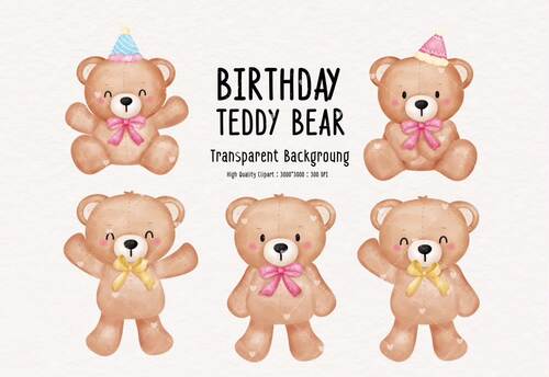 Watercolor Birthday Teddy Bear Clipart, Cute Teddy, Bear, Holiday Clipart.