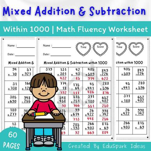 Mixed Addition & Subtraction Within 1000 | Math Fluency Worksheet