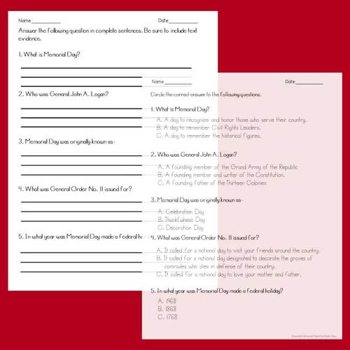 The History of Memorial Day Reading Comprehension and Writing Fun ...