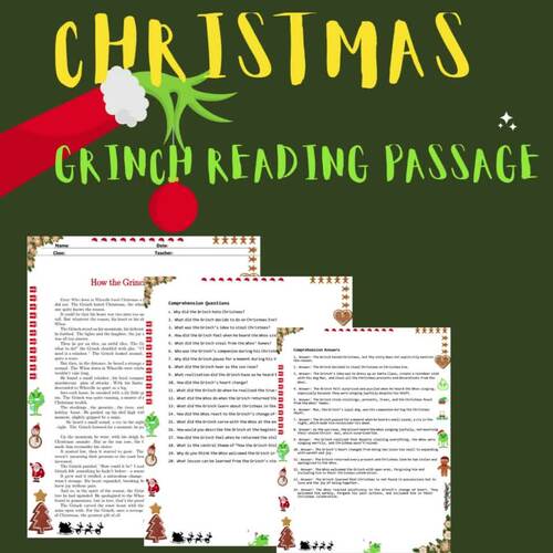 How Grinch Stole Christmas Reading Comprehension Passage ELA Activity ...
