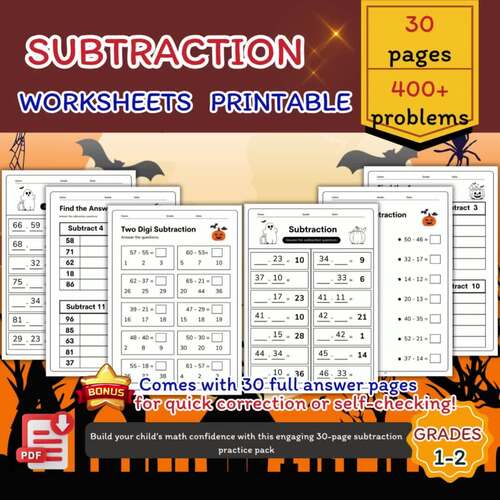 Halloween Subtraction Worksheets Grades 1– 4 No Prep + Easel - 400 ...