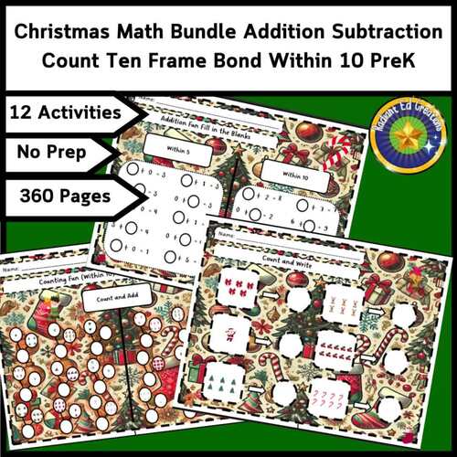 Christmas Math Bundle Addition Subtraction Count Ten Frame Bond Within ...