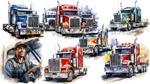 Watercolor Semi Trucks Clipart Set of 20 Files by ArtisticTimberStudio