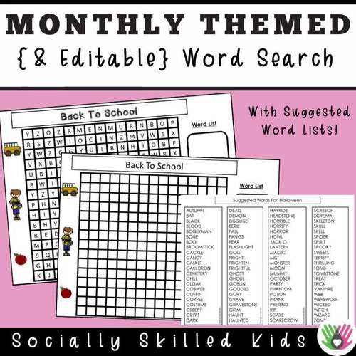 Editable Word Search Templates for Back to School & Monthly Themed Puzzles