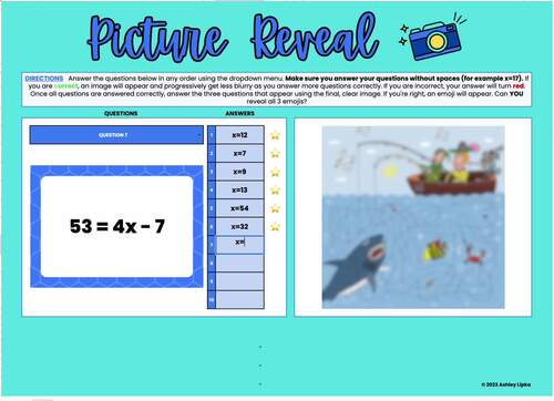 Two step equations with positive integers picture reveal digital activity
