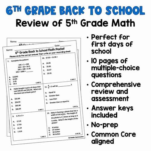 Back to School Math Activities for 6th Grade Math - Review of 5th Grade