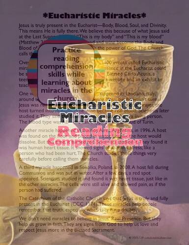 Eucharistic Miracles Reading Comprehension: Catholic Communion Lesson ...
