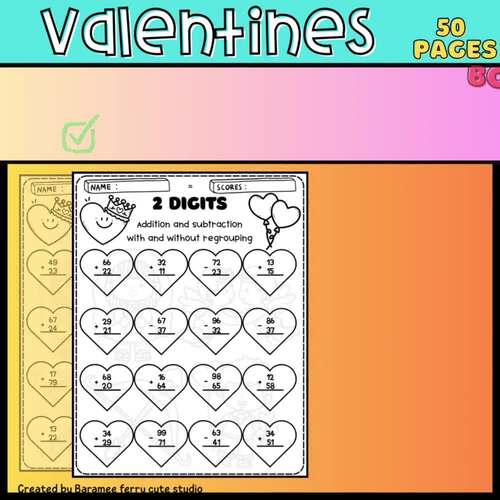 Valentine's Day 2 Digit Addition and Subtraction with and without ...