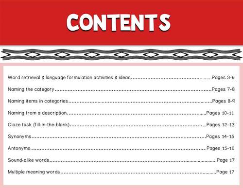 Word Retrieval: Text-based activities, speech, categories, synonyms ...