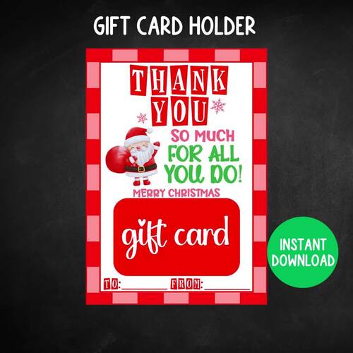 Christmas Thank You Card, Printable Christmas Gift Card Holder for Teachers