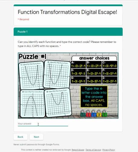 Function Transformations Digital Math Escape Room Algebra 1 & 2 Activity