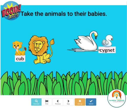 Animal and Their Babies Boom Cards | Baby Animals Game by Rainbow Lessons