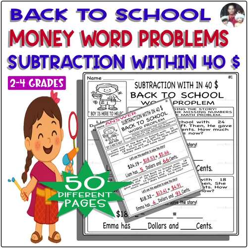 Back to School Money Math Problem Subtraction within 40 Reach Practice ...