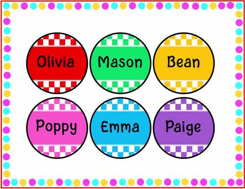 Round Bright Checkered Student Name Labels, KG Bright Colors Name Plates